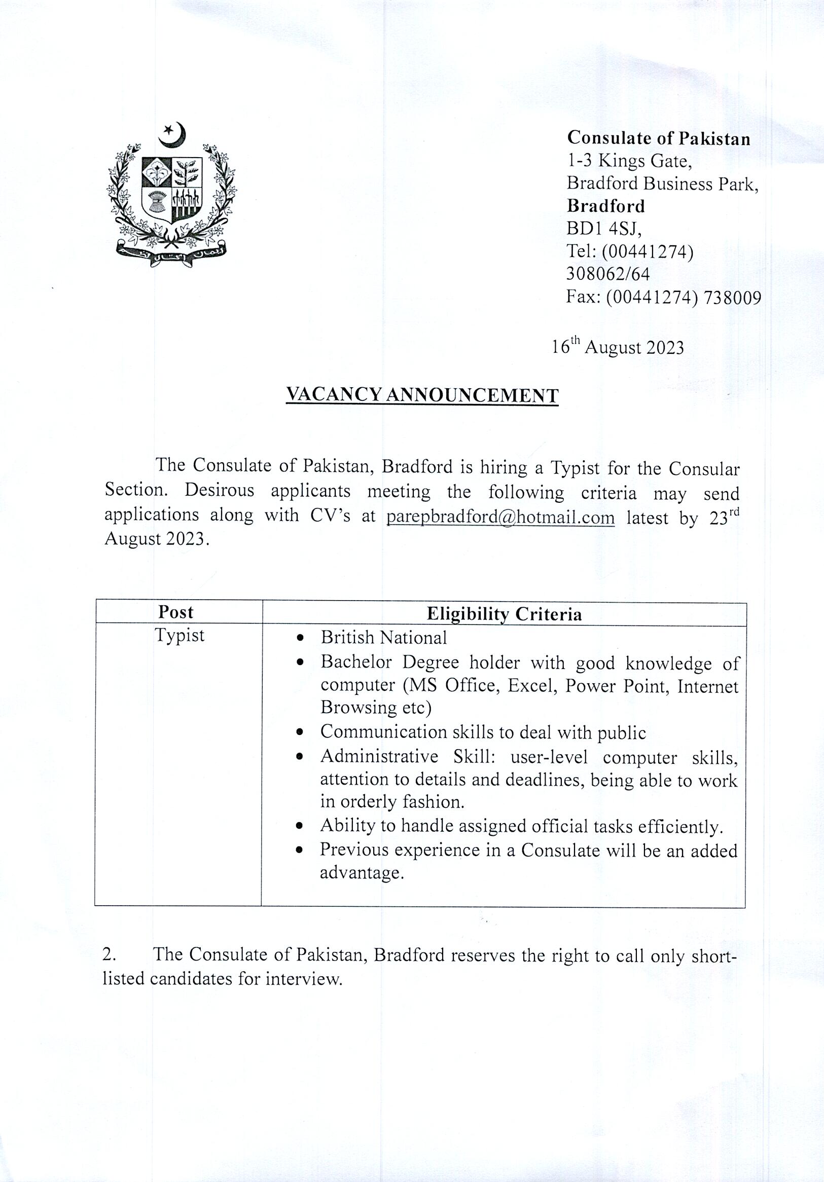 Consulate of Pakistan Bradford - Appointment Management System